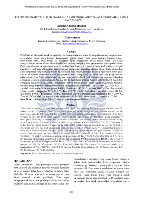 Pdf Perencanaan Sistem Aliran Fluida Pada Rancang Bangun Trainer Perpindahan Panas Pada Kulkas