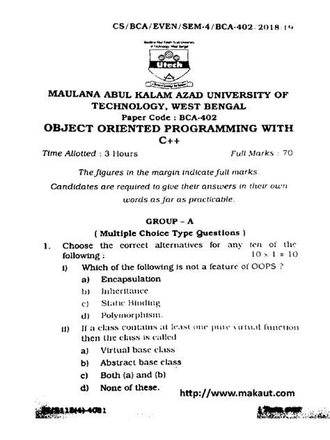 Bca 4 Sem Object Oriented Programming With Cpp Bca 402 2019 Pdf