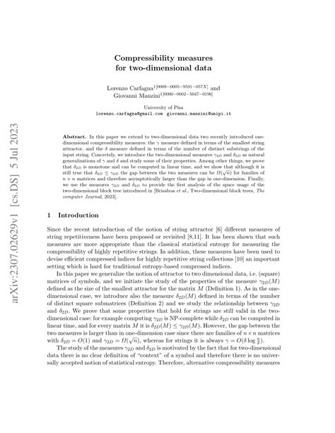 Pdf Compressibility Measures For Two Dimensional Data
