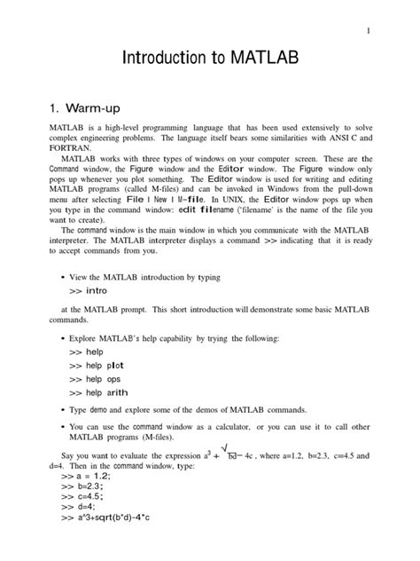 Introduction To Matlab 1 Warm Up Pdf Array Data Structure