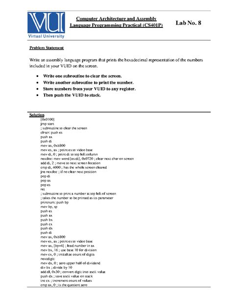 Lab No 8 Digital Logic And Design Computer Architecture And Assembly Language Programming