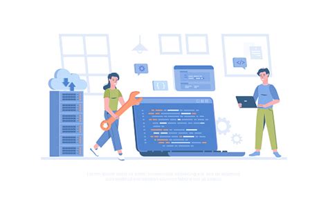백엔드 개발 코딩 및 프로그래밍 소프트웨어 엔지니어링 프로세스 배너 웹사이트 디자인 방문 페이지에 대한 만화 현대 평면 벡터 그림 소프트웨어 개발에 대한 스톡 벡터 아트 및