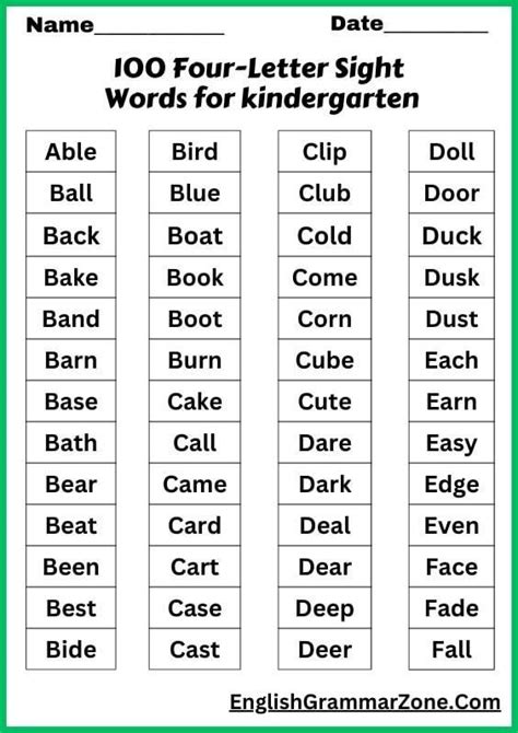 100 Four Letter Sight Words For Kindergarten