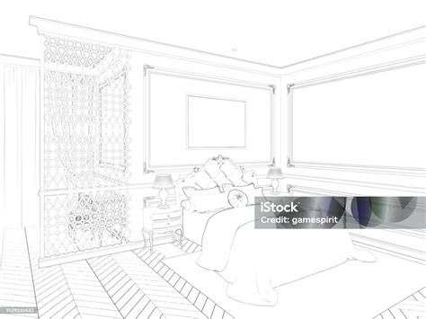 몰딩이있는 벽에 수평 포스터가있는 클래식 침실의 스케치 침대 측면의 침대 옆 탁자에 램프 고급 헤드 보드 및 개방형 파티션 0명에 대한 스톡 벡터 아트 및 기타 이미지