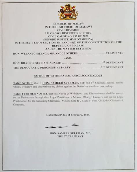 Sameer Suleman Withdraws Case Against Chaponda Malawi Voice