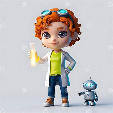 Chibi 3d Scientist Girl With Tiny Robot Isolated White Background Stock Illustration