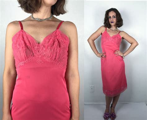 Vintage 60s Flamingo Pink Illusion Lace Slip Dress Xss Lace Applique
