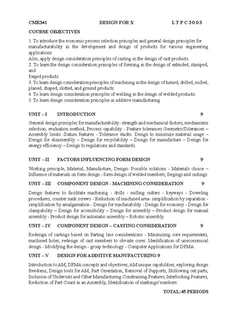 Syllabus Dfx Cme341 Design For X L T P C 3 0 0 3 Course Objectives To
