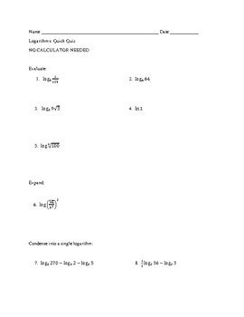 Logarithms Quick Quiz No Calculator Version A With Answer Key TPT