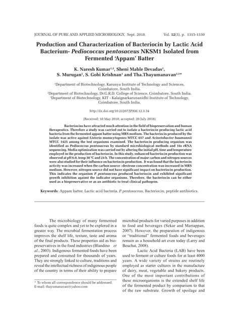Pdf Production And Characterization Of Bacteriocin By Lactic Acid Bacterium Pediococcus