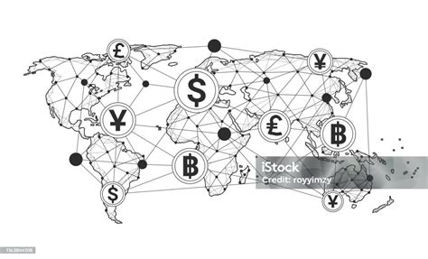 글로벌 네트워크 연결 통화 동전 송금 글로벌 비즈니스의 세계지도 지점 및 라인 구성 개념 벡터 일러스트레이션 3차원 형태에 대한 스톡 벡터 아트 및 기타 이미지 Istock