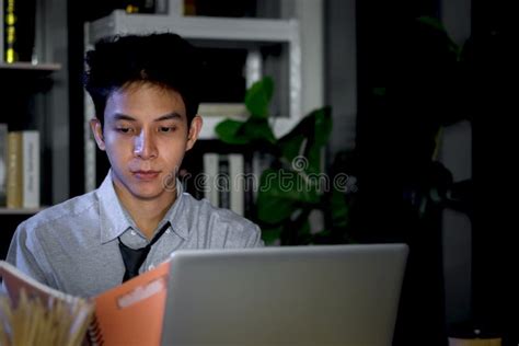Overwork Before Project Deadline Casual Man Programmer Or Web Developer Staying Late In Office