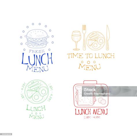 벡터는 점심에 엠 블 럼 스케치 스타일의 설정 햄버거 전통적인 아침 식사와 다른 색상에서 샌드위치와 손으로 그린 로고 0명에 대한 스톡 벡터 아트 및 기타 이미지 Istock