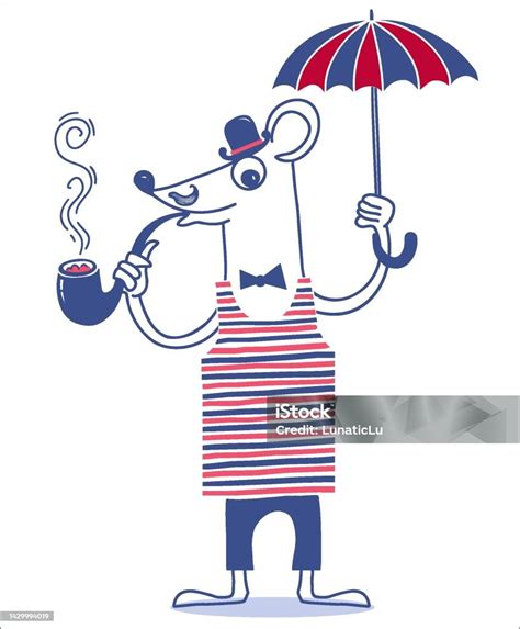 쥐 신사는 파이프를 피우는 영국 모자 실린더를 착용합니다 벡터 손으로 그린 일러스트 레이 션 마우스 디자인을 위해 흰색에 고립 된 영국 스타일 0명에 대한 스톡 벡터 아트