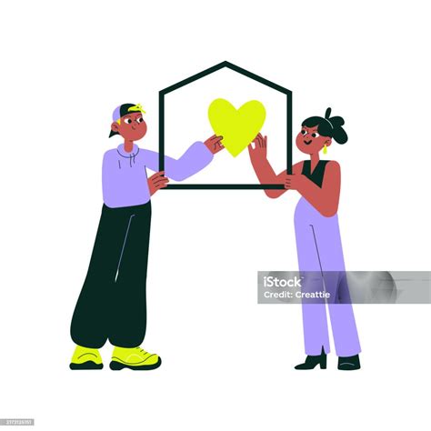 부부는 사랑 함께 가족 단결 돌보는 관계 그리고 평면 벡터 일러스트 레이 션에서 사랑의 집을 나타내는 집 프레임 안에 하트 기호를 들고 사랑합니다 가족에 대한 스톡 벡터