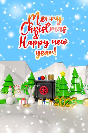 은행 및 저축에 관한 주제에 관한 메리 크리스마스와 새해 복 많이 받으세요 안전 상자 크리스마스 트리 및 눈으로 축제 덮개