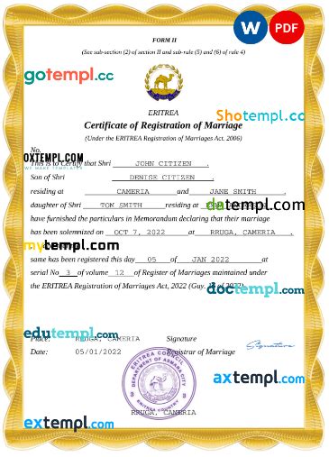 Eritrea Marriage Certificate Word And Pdf Template Completely Editable