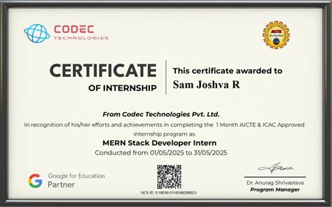 Mernstack Internshipcertificate Webdevelopment Codectechnologies Fullstackdeveloper