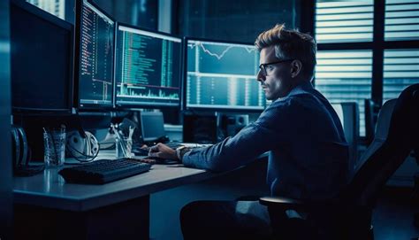 Premium Ai Image A Man Sits At A Desk In Front Of Two Computer Monitors With The Word Data On