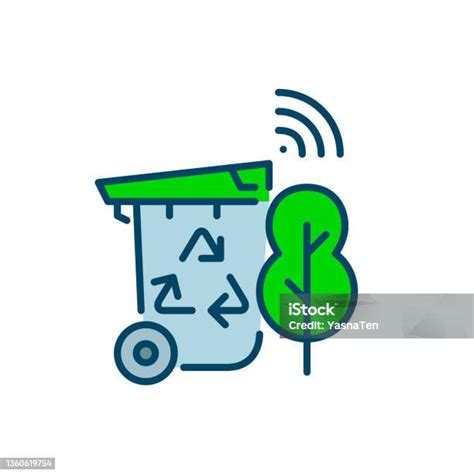 스마트 폐기물 관리 재활용 기호와 센서가 있는 쓰레기 용기 픽셀 완벽 편집 스트로크 다채로운 아이콘 감소에 대한 스톡 벡터 아트