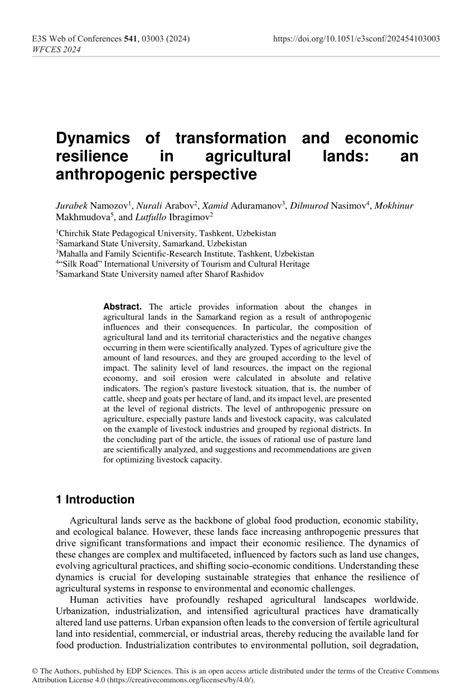 Pdf Dynamics Of Transformation And Economic Resilience In Agricultural Lands An Anthropogenic