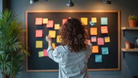 Woman Arranging Sticky Notes On A Board Business Concept Of Planning Strategy Creative Process