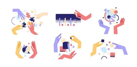 다채로운 만화 인간의 손 세트는 다른 추상적인 것 벡터 플랫 그림을 사용합니다 팀워크 연구 조립 및 분석 중에 그림을 들고 있는 팔은 고립되었습니다 수동 활동의 개념