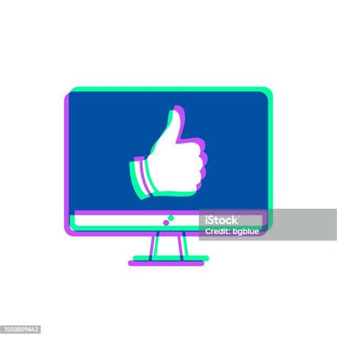 엄지손가락을 치켜세우는 데스크탑 컴퓨터 흰색 배경에 두 가지 색상이 오버레이된 아이콘 3차원 형태에 대한 스톡 벡터 아트 및 기타 이미지 3차원 형태 개념 긍정적인