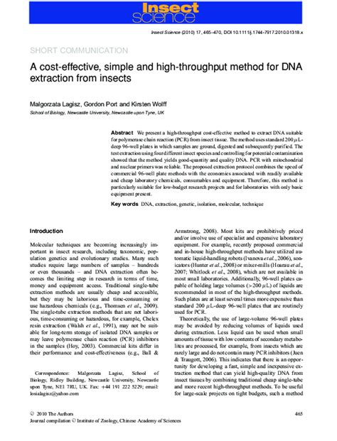 Pdf A Cost Effective Simple And High Throughput Method For Dna Extraction From Insects