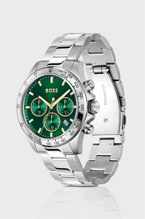 Boss Silver Tone Chronograph Watch With Green Dial Silver