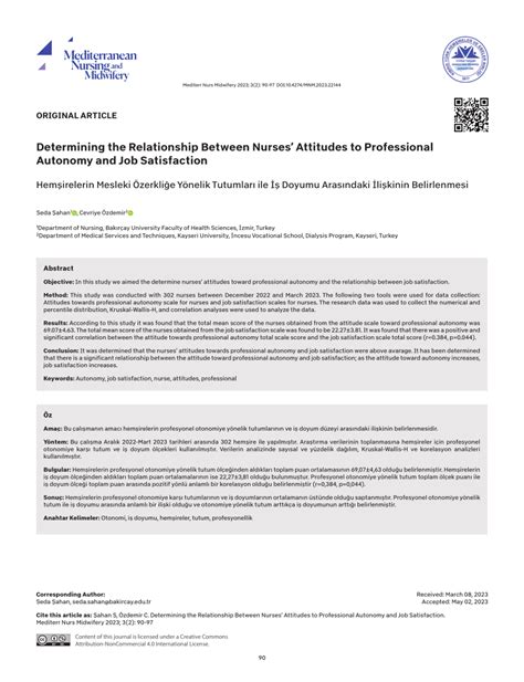 Pdf Determining The Relationship Between Nurses Attitudes To Professional Autonomy And Job