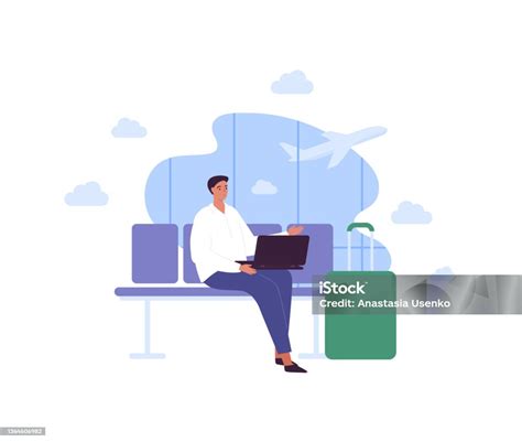 비즈니스 여행 개념 벡터 플랫 피플 일러스트레이션 비행기 배경이있는 공항 터미널 창의 출발 라운지에 노트북을 장착 한 젊은 성인 사업가 출장에 대한 스톡 벡터 아트 및 기타