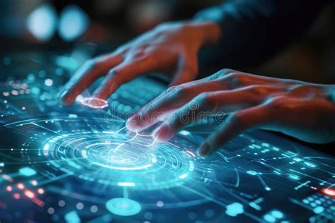 Close Up Of Hands Interacting With Holographic Interfaces High Technology Concept Stock