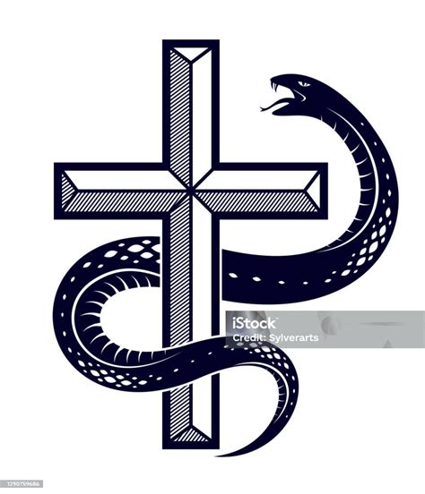 십자가 빈티지 문신에 뱀 뱀은 기독교 십자가 하나님과 악마 비유 선과 악 사이의 투쟁 상징적 인 벡터 일러스트 로고 또는