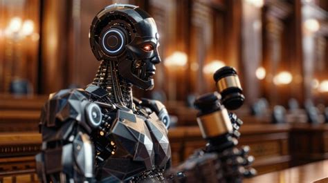 Robot Judge Holds Gavel In A Futuristic Courtroom Setting During A Legal Proceeding Premium Ai