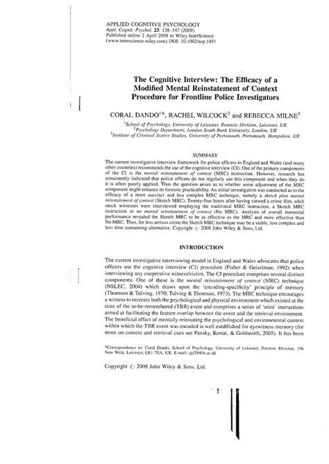 Pdf The Cognitive Interview The Efficacy Of A Modified Mental Reinstatement Of Context