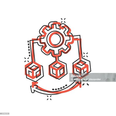 만화 스타일의 Api 기술 아이콘입니다 흰색 고립 된 배경에 알고리즘 만화 벡터 그림 화살표 스플래시 효과 비즈니스 개념기어