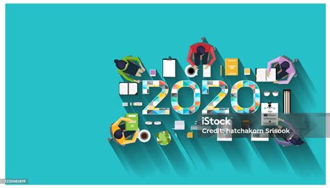 2020 로고 텍스트 다채로운 지오메트리와 성공을위한 사업가와 레이디 스타트업 사무실 장비 및 도구 벡터 일러스트 사업의 아이콘 개념에 대한 스톡 벡터 아트 및 기타 이미지