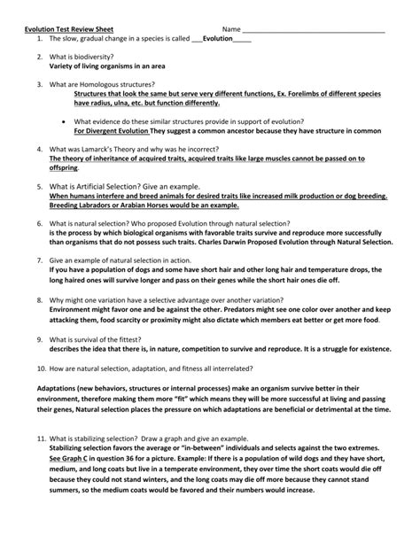 Evolution Test Review Key Concepts Examples