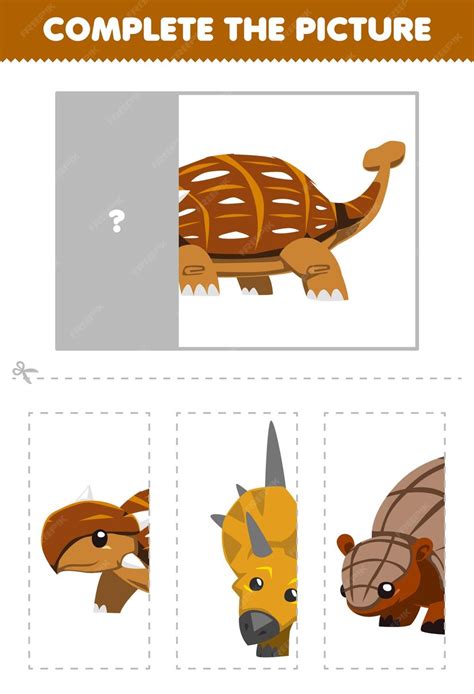 어린이를 위한 교육 게임은 귀여운 만화 안킬로사우루스 인쇄 가능한 선사 시대 공룡 워크시트의 올바른 그림을 자르고 완성합니다 프리미엄 벡터