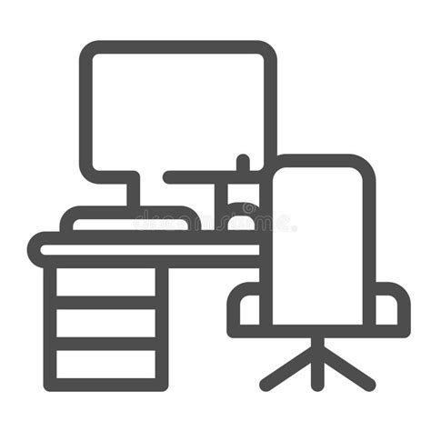 Desk With Chair And Desktop Line Icon Remote Work Concept Vector