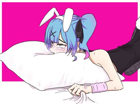 Rule 34 Blue Hair Blush Bunny Ears Bunnysuit Chirisazu Clenching