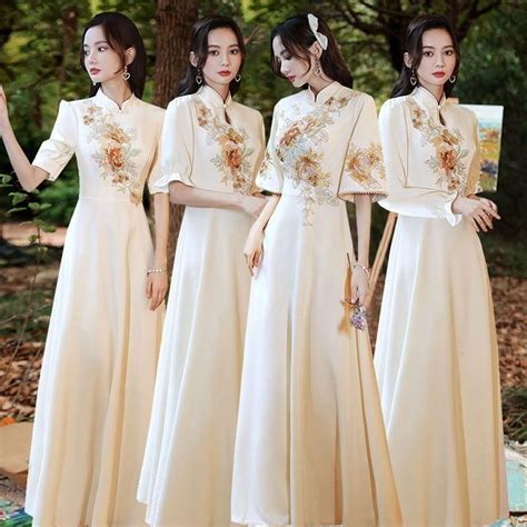 【限時下殺】 中式伴娘服 姐妹團禮服裙 香檳色長袖顯瘦中國風穿裝 姐妹裙 閨蜜裙 尾牙宴禮服 畢業晚禮服 蝦皮購物