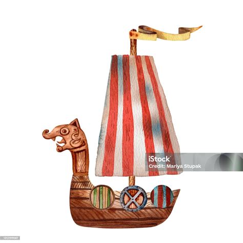 바이킹 드라크카르의 귀여운 일러스트 고대 스칸디나비아 보트 오래된 바다 수송 일러스트의 재미있는 만화 스타일 북쪽 긴 함 나무