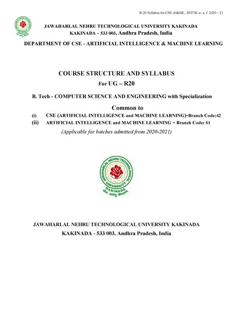 Cse Ai And Ml R20 Iv Years Course Structure Jawaharlal Nehru Technological University Kakinada