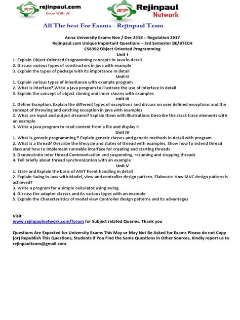 Cs8392 Oop Iq Nov Dec 2018 Rejinpaul Pdf Object Oriented Programming Modelviewcontroller