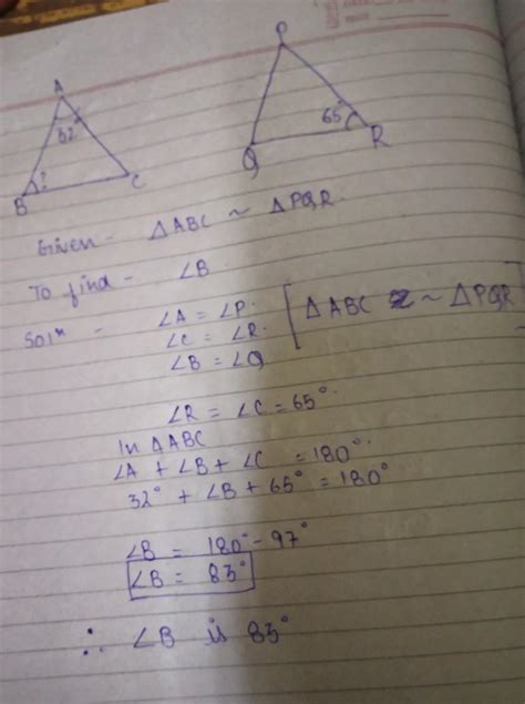 triangle abc and triangle pqr are similar triangles such that anglea 32