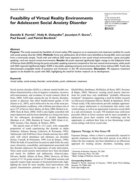 Pdf Feasibility Of Virtual Reality Environments For Adolescent Social Anxiety Disorder
