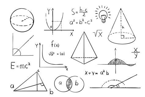 Math Geometry Graph And Shapes On Blackboard Background Set Science