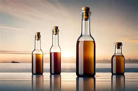 Botellas De Alcohol Con El Sol Poniéndose Detrás De Ellas Foto Premium